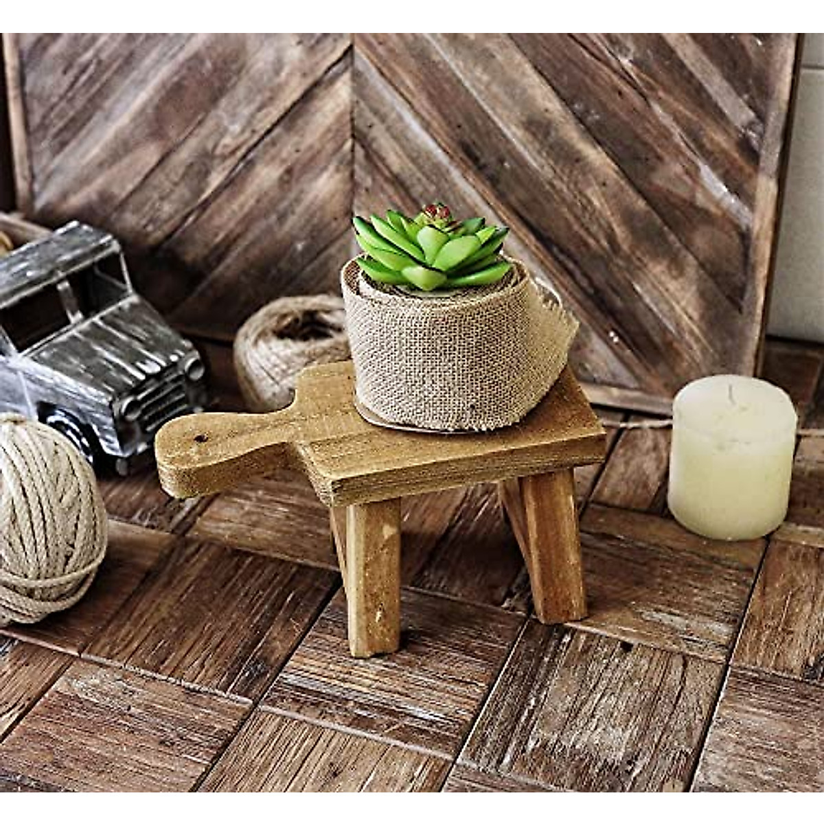 Farmhouse Wood Stool Pedestal Stand - Versatile Decorative Riser for Home and Kitchen, Perfect for Displaying Decorations or as a Candle Stand. Rough Wood Surface with Charm in Natural Brown