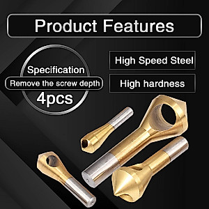 KATUR 4Pcs High Speed Steel Single-End Countersink, Deburring Drill Bit Set for Metal, 90 Degree Point Angle, 6/8/10/12mm Round Shank, 2-5, 5-10, 10-15, 15-20mm 4 Sizes Head Diameter(Gold)