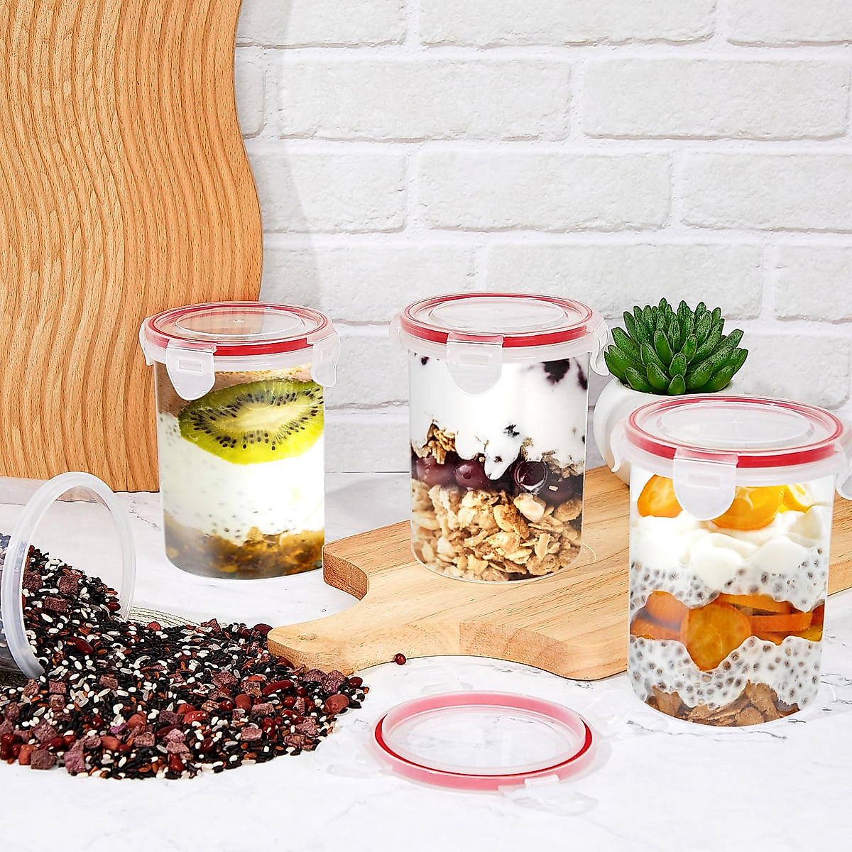 Tessco 8 Pieces Overnight Oats Containers with Lids 16 oz Round Airtight Oatmeal Container Plastic Leakproof Mason Jars for Overnight Oats with Locking Lid Cereal Milk Oatmeal Storage (Red)