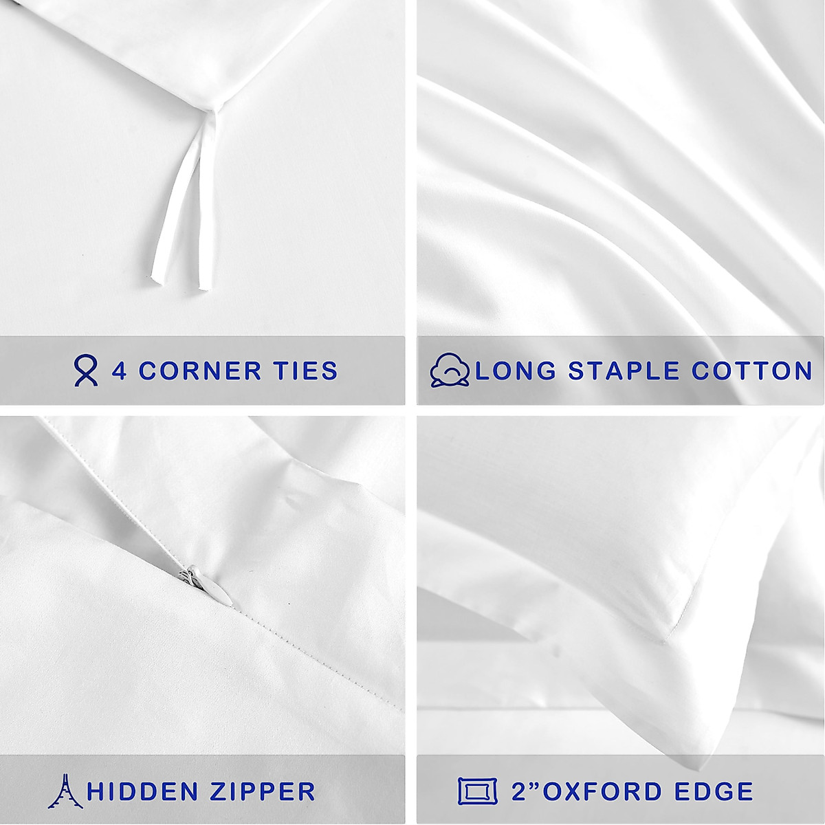 ACCURATEX Duvet Cover Set Queen Size White, 400TC Long Staple Cotton, Sateen Weave Percale Luxe Comforter Cover with Zipper Closure&Corner Ties, 3 Pcs Hotel Duvet Cover with Pillow Shams