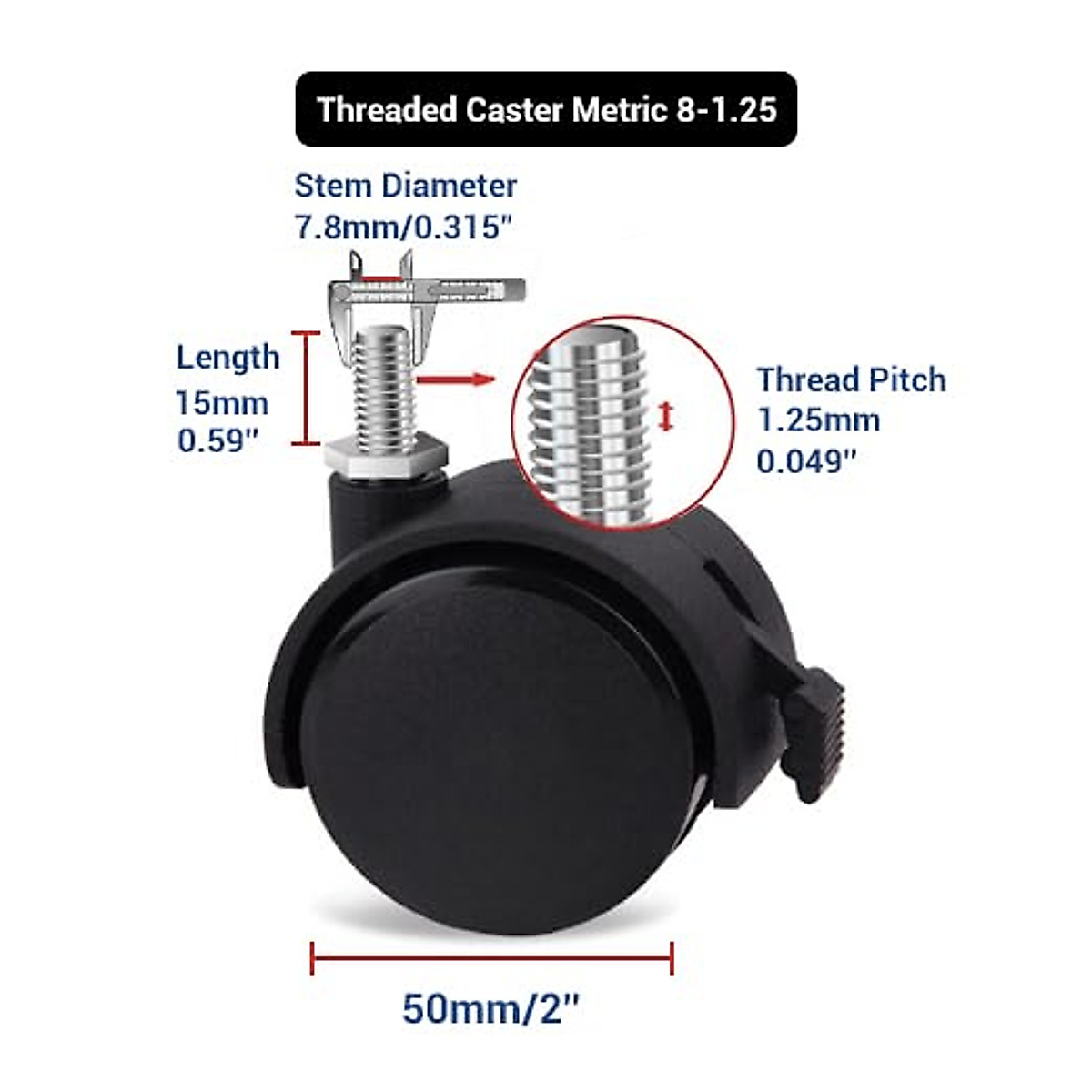 Guildrey Threaded Caster, M8-1.25 Swivel Stem for Replacement, Set of 4, Twin Caster Wheels with Locking Brake