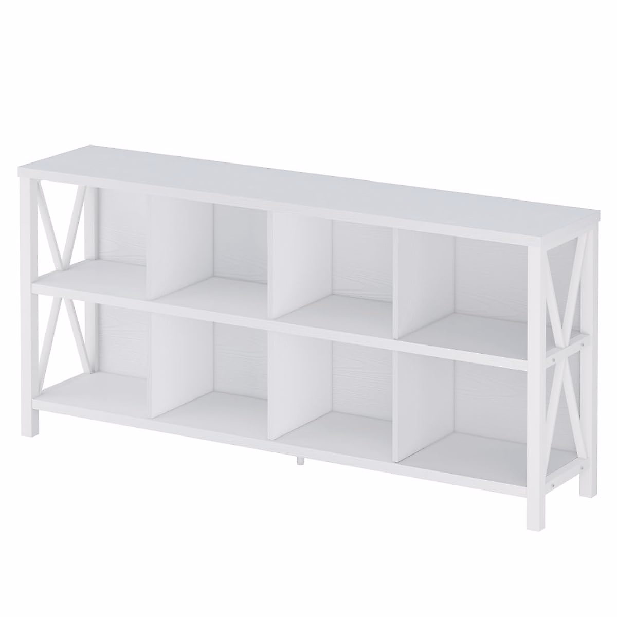 FATORRI 8 Cube Storage Organizer Bookshelf, Rustic Wood Cubby Bookcase, Industrial Horizontal Long Shelf for Living Room (White Oak, 62 Inch)