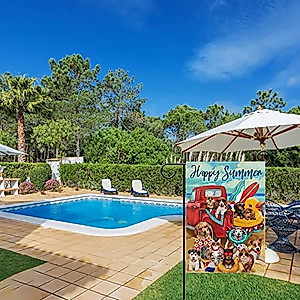 Covido Happy Summer Red Truck Coastal Decorative Garden Flag, Dogs Beach Yard Nautical Outside Decoration, Ocean Outdoor Small Burlap Home Decor Double Sided 12 x 18