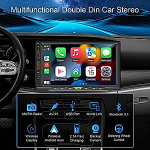Wireless iOS Carplay&Android Auto, Double Din Car Stereo with Voice Control,7 Inch HD Touchscreen,Mirror Link,Bluetooth 5.1, AM/FM Car Radio Receiver,Backup Camera/Subwoofer/2USB/SWC/AUX/Fast Charging