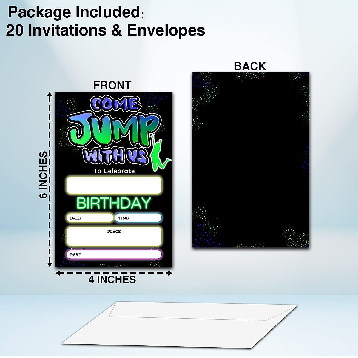 Come Jump With Us Birthday Invitation(4" X 6"), Trampoline Birthday Jumping Party Double-Sided Invites- 20 Invitations With Envelopes-Party Supplies-A19