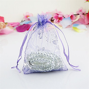 100pcs Organza Wedding Party Gift Bags Butterfly Drawstring Pouches Jewelry Gift Bags Christmas Party Gift Favor Bags (6"x9", Purple)