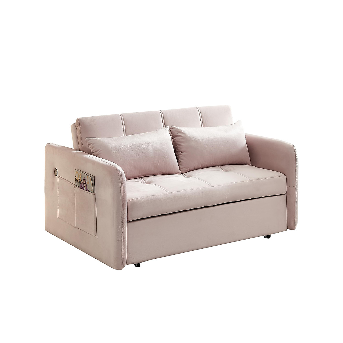 KoiHome Convertible Sleeper, 55.5" Twins Pull Out Sofa Bed with Adjustable Backrest, Velvet Loveseat Couch Chaise with USB Port, Side Pockets and 2 Pillows, Living Room Foldable Recliner, Pink