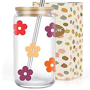 Coolife Retro Daisy Glass Cup - 16 oz Drinking Glass Cups w/Bamboo Lids Straws, Iced Coffee Cup, Cute Glass Tumbler for Coffee Smoothie Beer, Unique Mothers Day Birthday Gifts for Women Her
