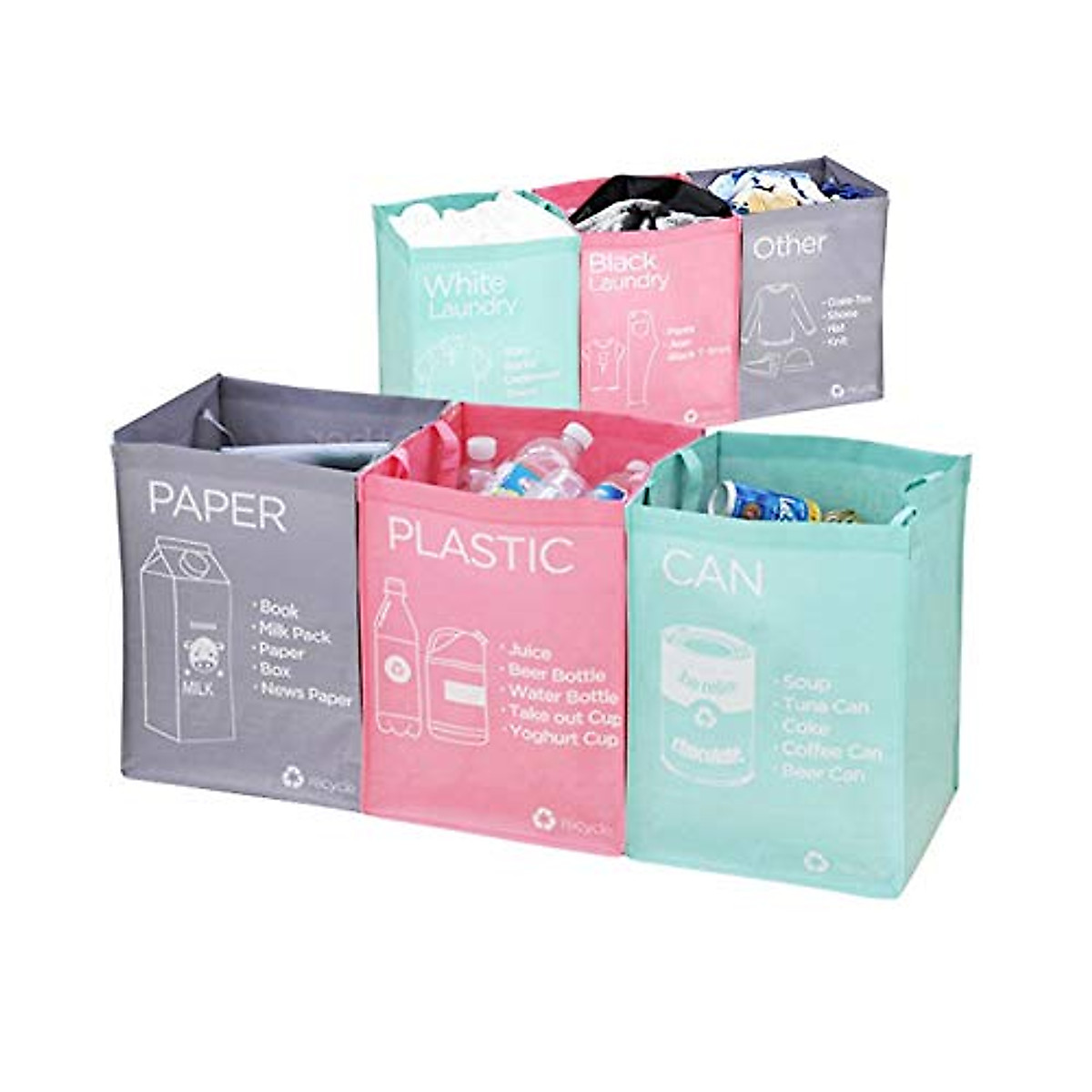 Ribens Recycle Bag Separate Recycle Bin Waterproof Waste Baskets Compartment Container Separate Recycling Bins Multipurpose Separator Box Set Front Recycle Separate Back Laundry Separate
