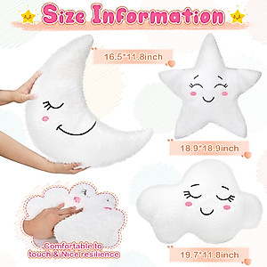 Queekay Cloud Rainbow Sun Moon Star Shaped Pillow 3 Pcs Nursery Stuffed Throw Pillows Kids Cute Cushion Children Soft Plush Pillow for Baby Room Reading Nook Decorations Gift(Moon, Star, Cloud)