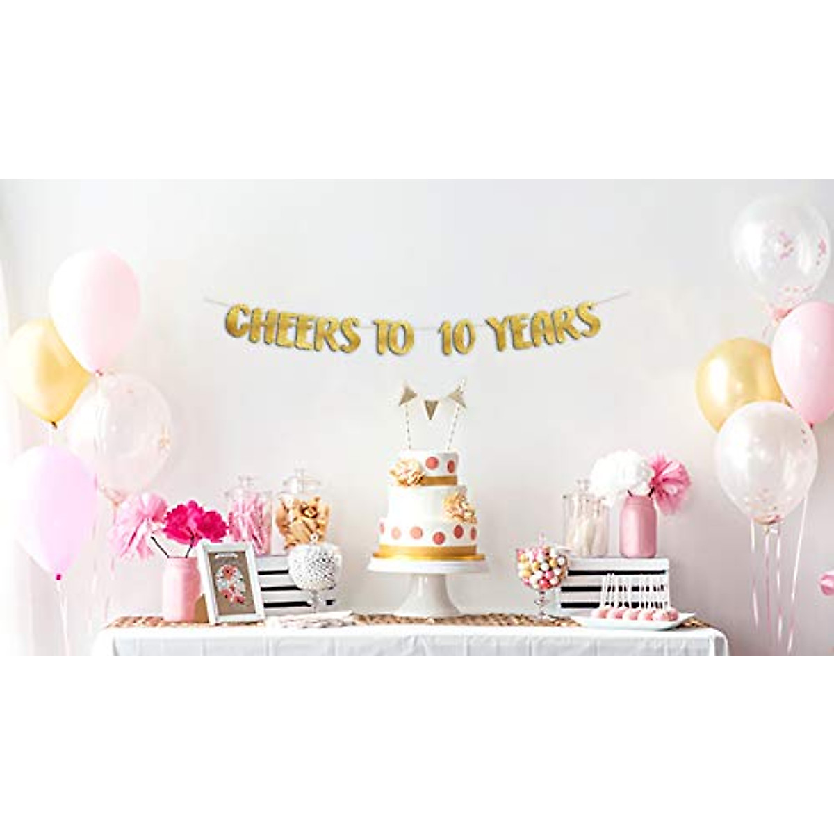 Cheers to 10 Years Gold Glitter Banner - 10th Anniversary and Birthday Party Decorations