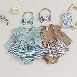 Mialoley Baby Girl Knit 2 Piece Sets Ribbed Long Sleeve Ruffles Bowknot Decor Houndstooth Print Romper Dress with Headband (Brown, 12-18 Months)
