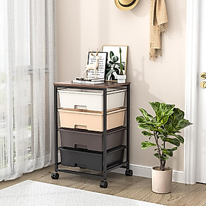 TOOLF Utility Cart with Drawers and Wooden Tabletop,4 Drawers Rolling Storage Cart,Arts and Crafts Organizer Storage Cart for Bedroom,Kid's Room,Dorm,Classroom,Office,Brown