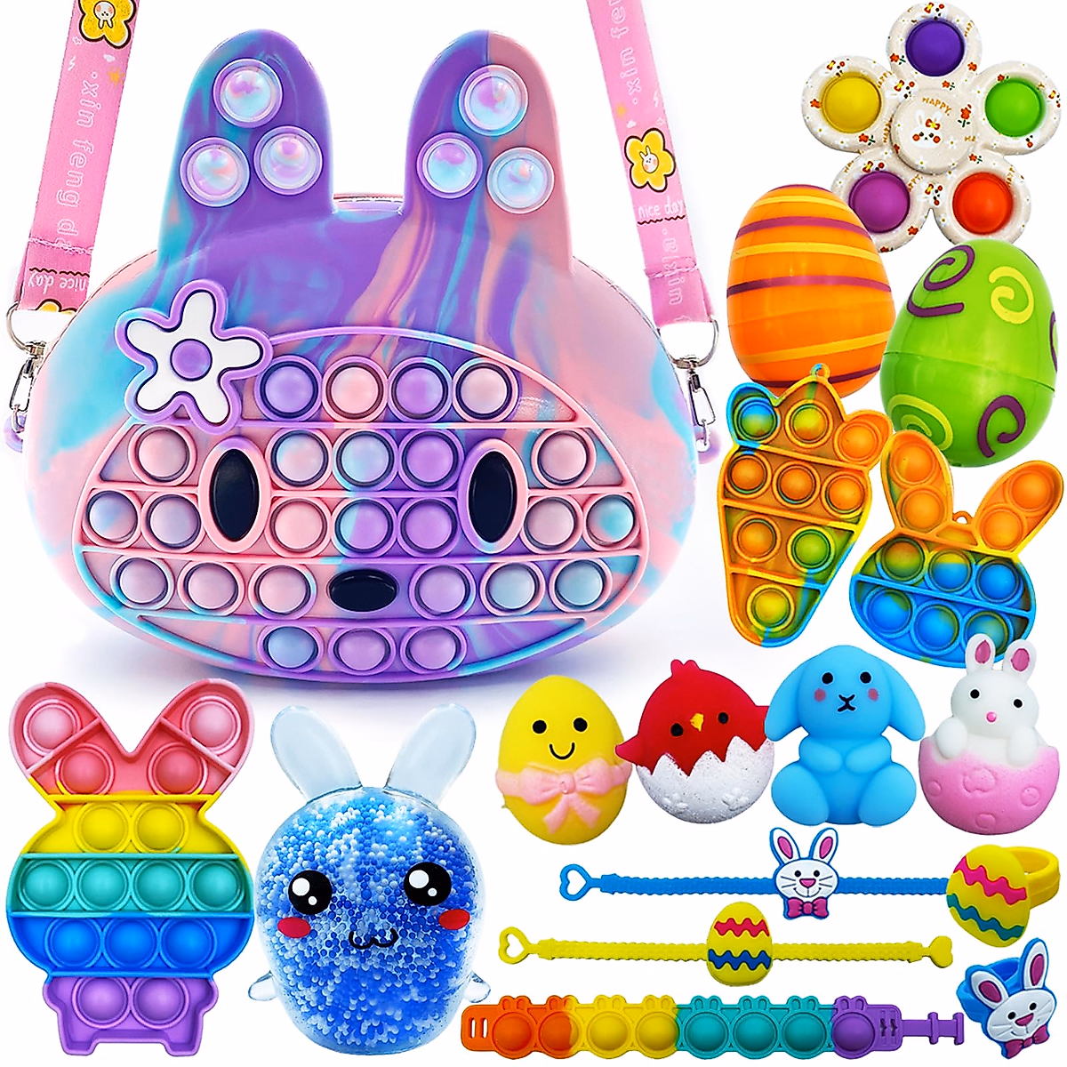 Easter Basket Stuffers - Pop Easter Basket Bunny Purse Bags Sensory Fidget Toy Pack for Kids Toddlers Teens Girls Boys - Great Easter Gift Set for Easter Hunts and Party Favor