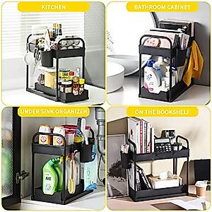 Bathroom Organizer, Under Sink Organizers and Storage, TITETE 2 Tier Sliding Under Sink Organizer, Under Cabinet Storage Drawer Bathroom Kitchen with 2 Handles, 5 Clapboards, 1 Hanging Cup and 8 Hooks