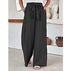 MUSIDORA Black Wide Leg Pants for Women Palazzo Linen Slacks Women High Waisted Beach Casual Travel Flowy Boho Stretchy Petite (Black M)