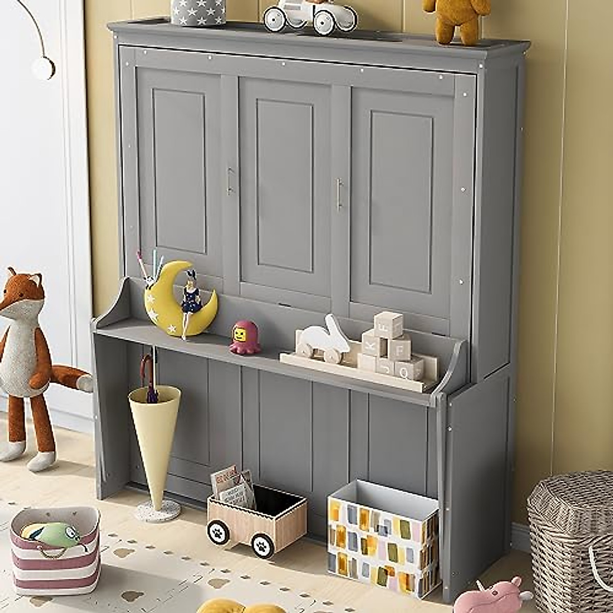 BOVZA Queen Murphy Bed with a Shelf, Space-Saving Wall Bed for Guest Room or Home Office, Gray