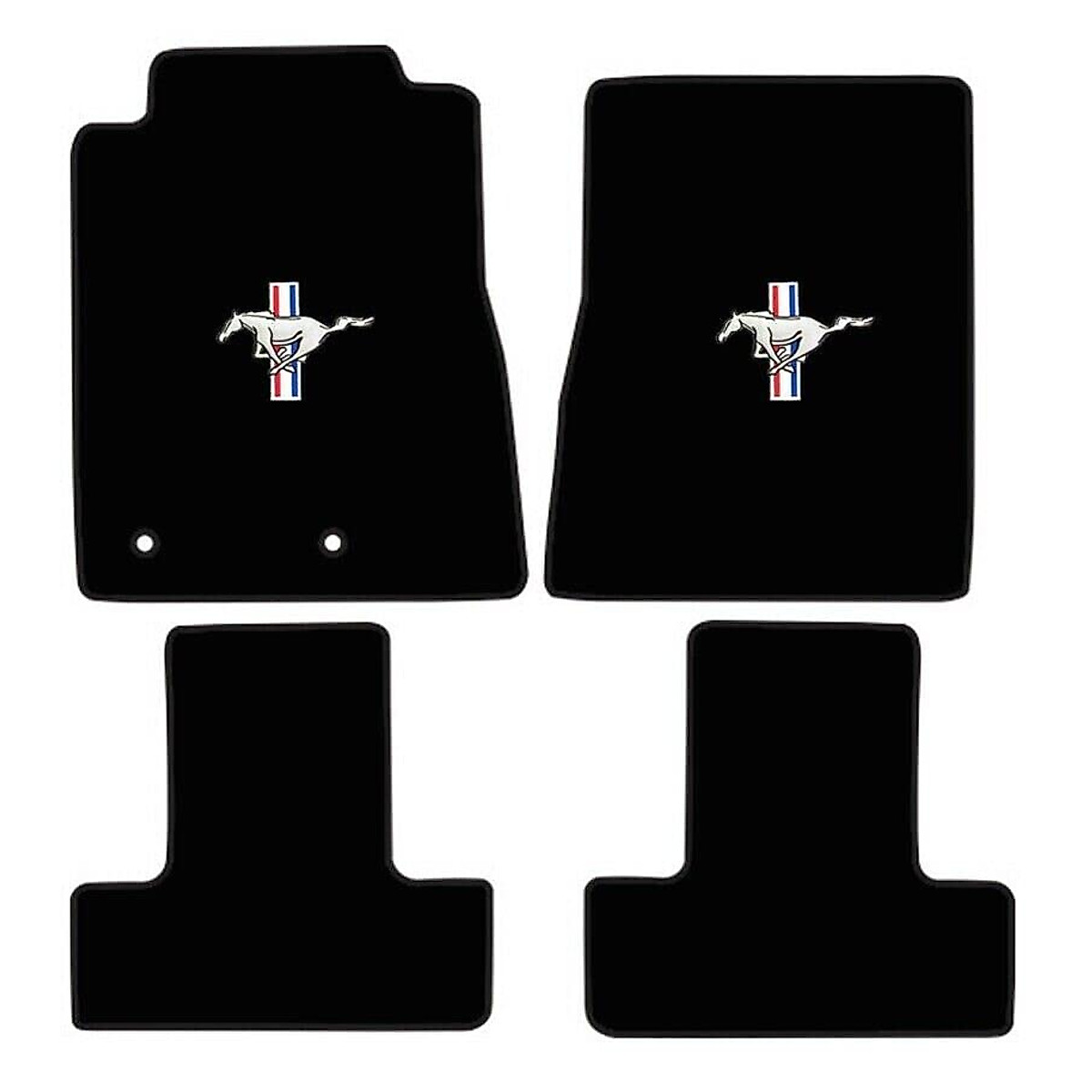 ACC Mats Compatible with 2010-2014 Ford Mustang - 4 PC Black Carpet Floor Mat Set w/Pony Tri-Bar Logo on Front Mats