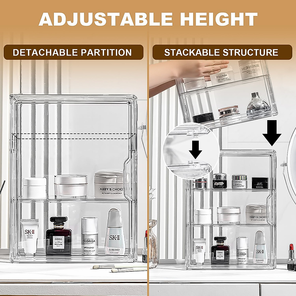 Medicine Cabinet Wall Mounted, Small Bathroom Wall Cabinet with Detachable Partitions and Waterproof Frame, Self Adhesive Farmhouse Storage Cabinet for Smooth Wall Surface and Countertop - Clear