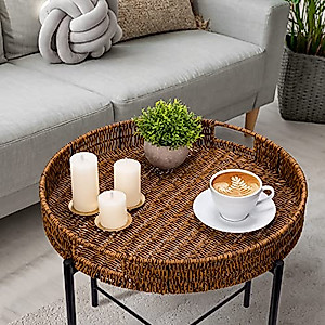 Woven Round End Table Rattan, 19in Small Side Table, Accent Table, Modern Bedside Table,Outdoor Side Tables for Patio,Brown Round End Table for Sofa Living Room Bedroom Office Balcony