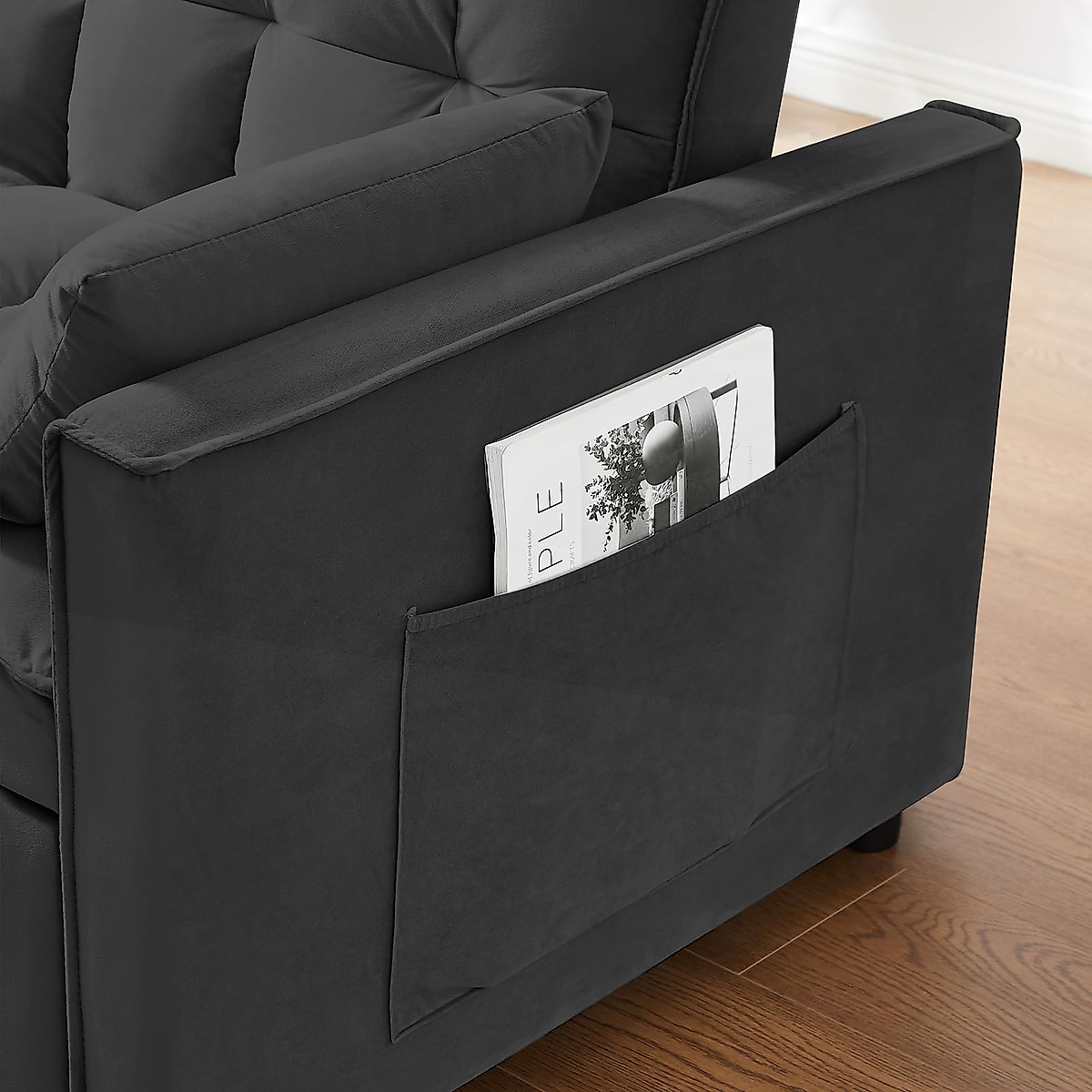 Luoyisimall Convertible Sleeper Sofa Bed，Multi Function 3 in 1 Futon Upholstered Couch w/Toss Pillows, Storage Pockets and Pull Out Bed for Living Room，Bedroom,Small Space（Velvet Black）