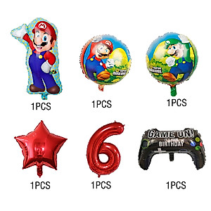 Mario Brothers Foil Balloons Mario Birthday Party Supplies 6th Mario Party Decorations for Kids Birthday (Mario 6th Birthday)