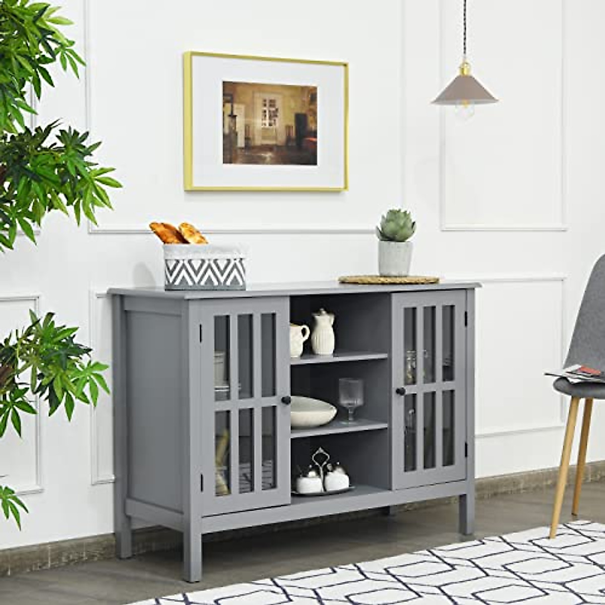 KOTEK Wooden TV Stand, Console Table with Open Shelves and 2 Tempered Glass Doors, TV Cabinet Entertainment Center for TVs up to 50", Storage Cabinet for Entryway, Living Room (Grey)