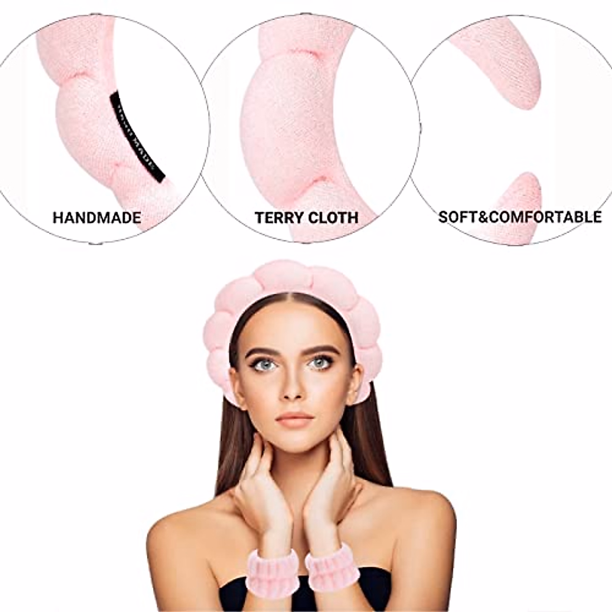 yucca 2Pcs Sponge Spa Headband, Terry Cloth Headband, Bubble Headband for Washing Face, Makeup Headband, Fluffy Skincare Headband, Puffy Headband for Women (PinkBlue)