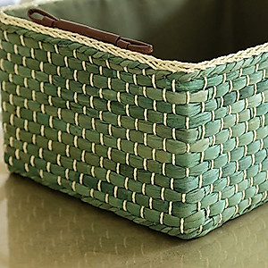 Baskets Woven Maize Straw Storage Bins with Handle (Medium, Green)