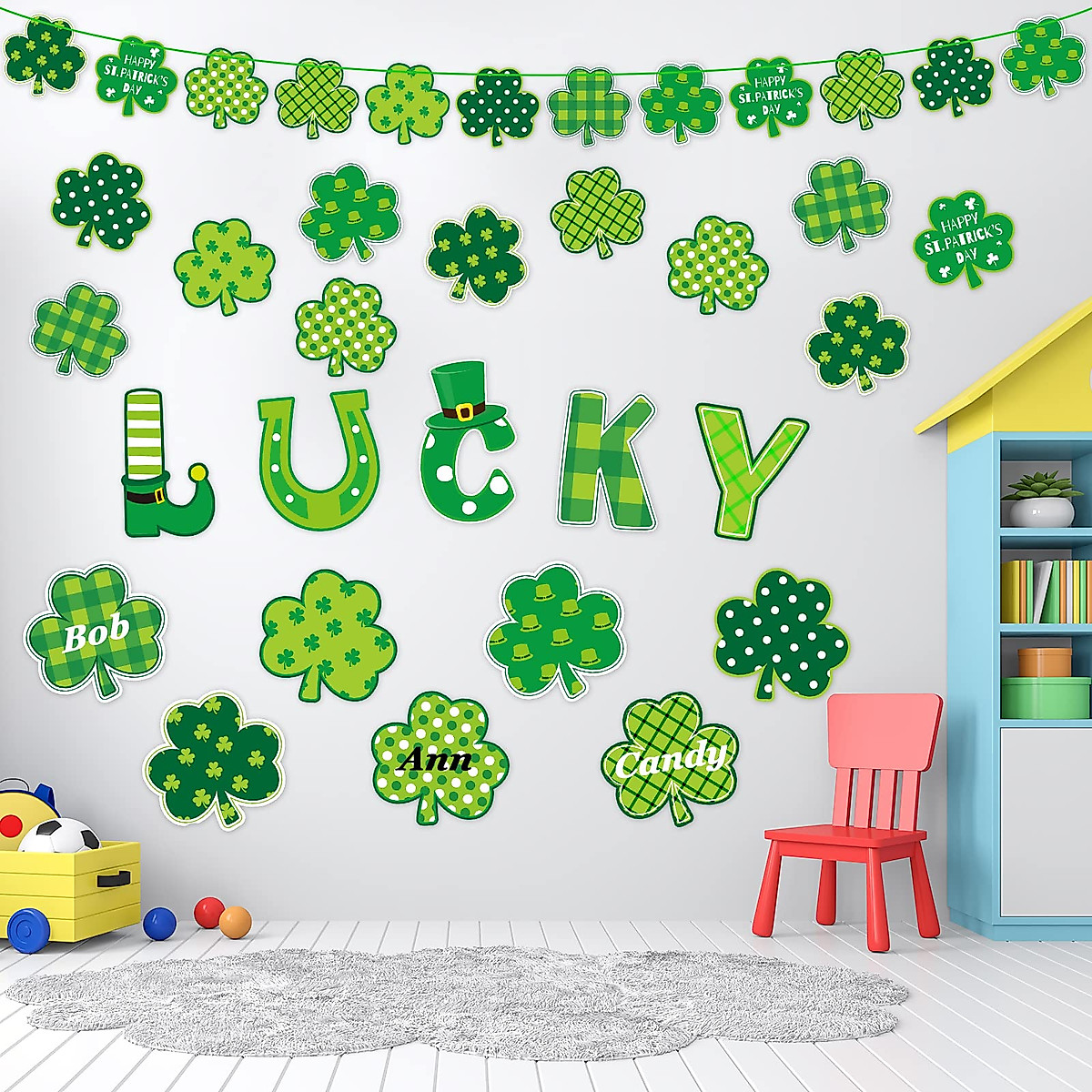 77Pcs St. Patrick's Day Shamrock Cutouts Decorations Green Lucky Irish Paper Clover Cut-Outs Includes Glue Points and Rope for Classroom Bulletin Board Game Party Supplies