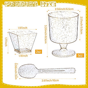 100 Pcs Plastic Dessert Cups with 100 Pcs Spoons Gold Glitter Goblet Square Cups 2 oz 5 oz Pudding Wine Dessert Bowls Dessert Containers for Birthdays, Wedding Party Supplies, 2 Styles