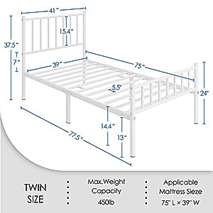 Yaheetech Twin Size Bed Frame Metal Platform Bed Frame Mattress Foundation with Spindle Headboard & Footboard/No Box Spring Needed/14 Inch Underbed Storage/Firm Support & Easy Set up Structure, White