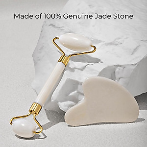 Gua Sha Facial Tools & Jade Roller for Face, Eye & Neck Skin Care, 100% Natural Jade Stone Face Roller Gua Sha Massage Tool, Eye Roller for Puffy Eyes, Facial Self Care Kit for Women (White)