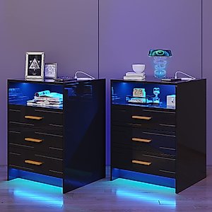 HNEBC High Gloss Nightstands Set of 2 with Wireless Charging Station, LED Night Stand with Human Body Induction, Smart Bedside Tables with 3 Drawers/20 Color Modes,USB,Type-C Ports (Black)
