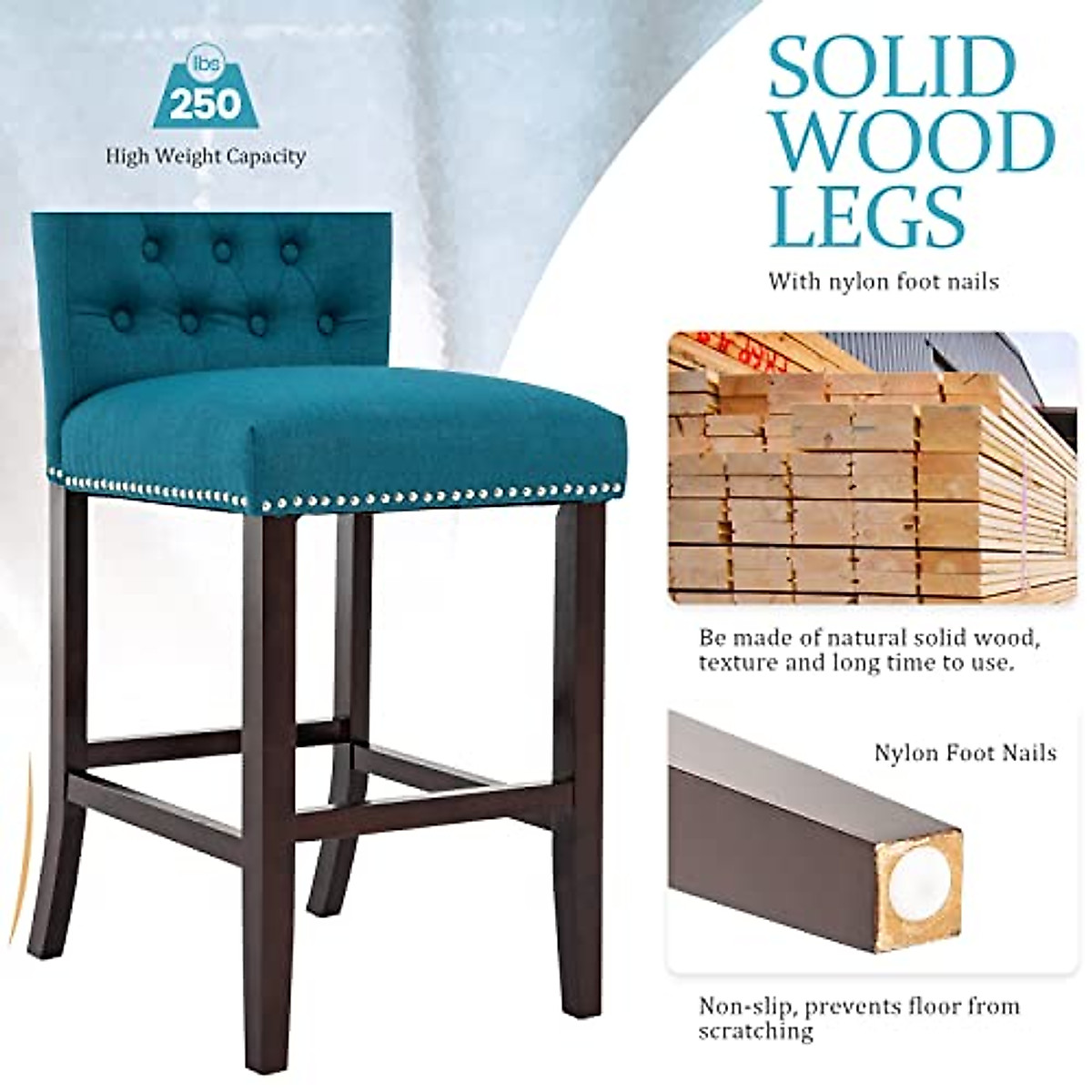 Brage Living 28 Inch Bar Stool, Linen Fabric Button Tufted Barstool with Back, Solid Wood Legs, Nailhead Trim, Upholstered Armless Bar Chair for Kitchen Dining Cafe (Lake Blue)