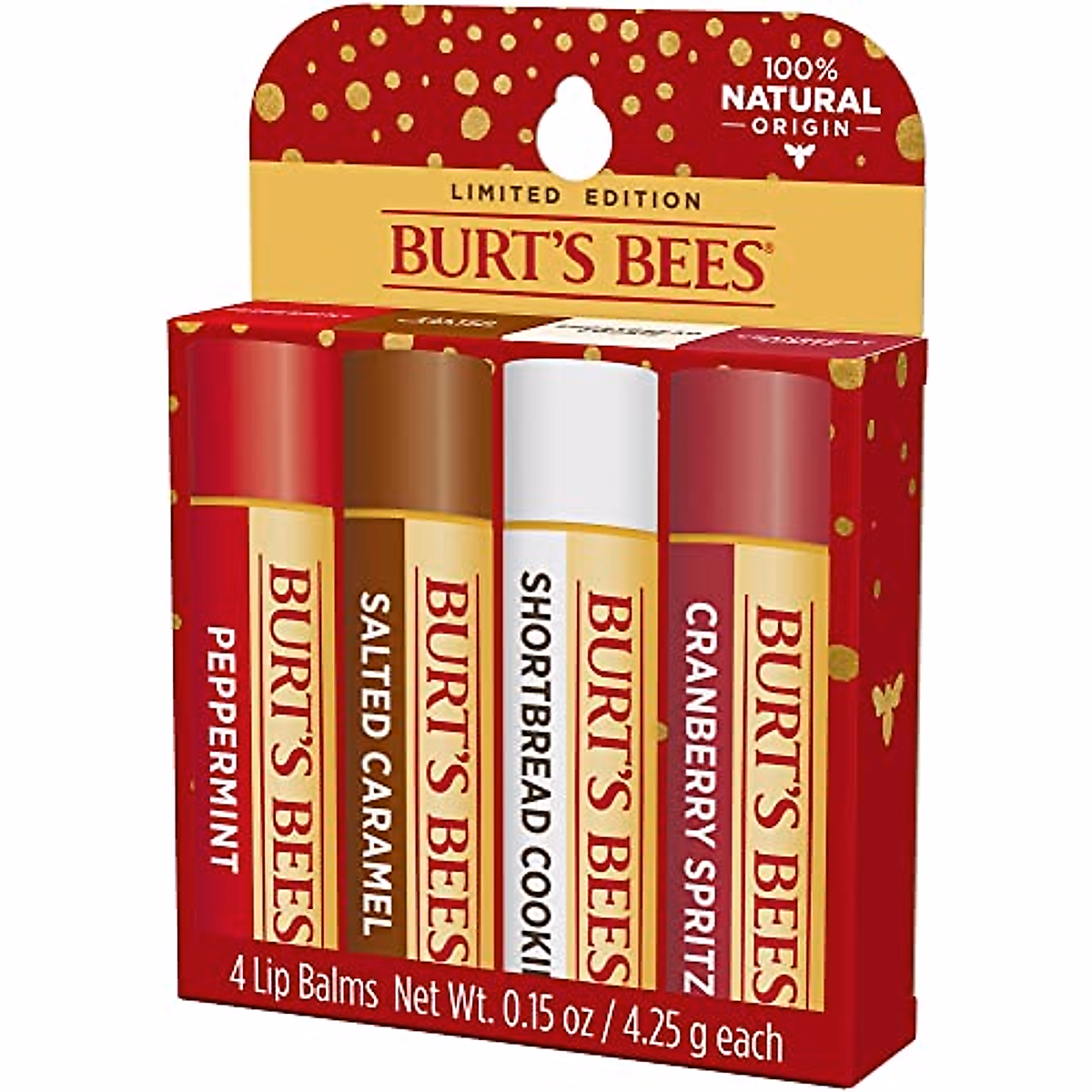 Burt's Bees Lip Balm Easter Basket Stuffers, Moisturizing Lip Care, Festive Fix Set - Peppermint, Salted Caramel, Cranberry Spritz & Shortbread Cookie (4 Pack)