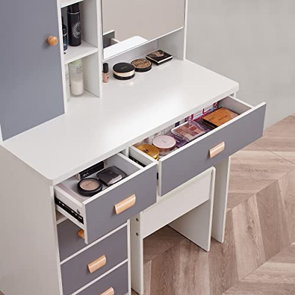 Vanity Desk Set with Mirror Hidden Storage,5 Drawers, Vanities Dressing Makeup Table with 3 Storage Cabinet, Vanity Set for Bedroom Studio White