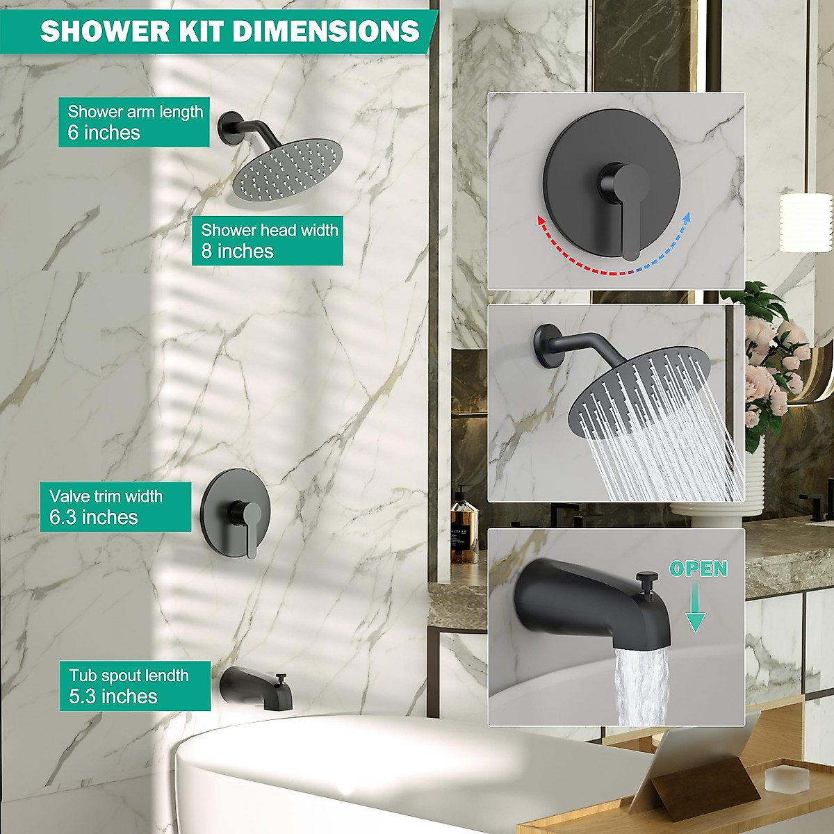 Esnbia Tub Shower Kit（Shower Valve Include), Black Shower Faucet Set with 8-Inch Rain Shower Head and Handle, Bathtub Shower Faucet Set, Single-Handle Tub and Shower Hardware Set, Matte Black