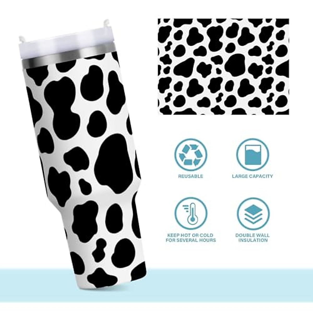 MCHIVER Cow Pattern 40 oz Tumbler with Handle and Straw Stainless Steel Vacuum Water Bottle Leak-proof Travel Coffee Mug Insulated Cup for Home Office Car