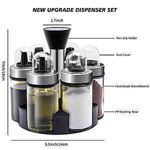 Mlici Oil and Vinegar Dispenser Set of 6 Bottles, Stainless Steel Salt Pepper Holder with 360° Rotating Holder, Cruet Soy Sauce - Premium Glass Condiment for Kitchen, Tabletop