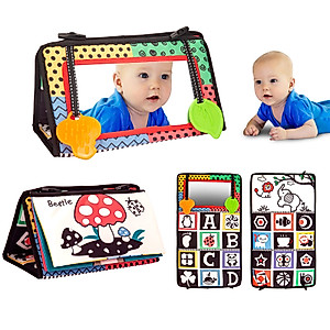 Little World Tummy Time Floor Mirror - Tummy Time Mirror Double High Contrast with Teething Toys, Developmental Black and White Baby Toys for Infants Newborn 0-3 Months Baby Boys and Girls