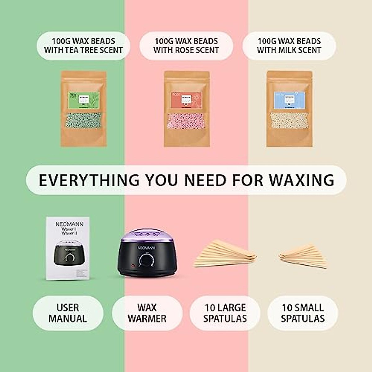 NEOMANN Waxer II Waxing Kit for Women and Men Non-Sticky, Teflon-Coated - Wax Warmer for Hair Removal incl. 300g Wax Beads, 20 Spatulas - Wax Machine or Wax Pot perfect Brazilian Wax Kit for Women