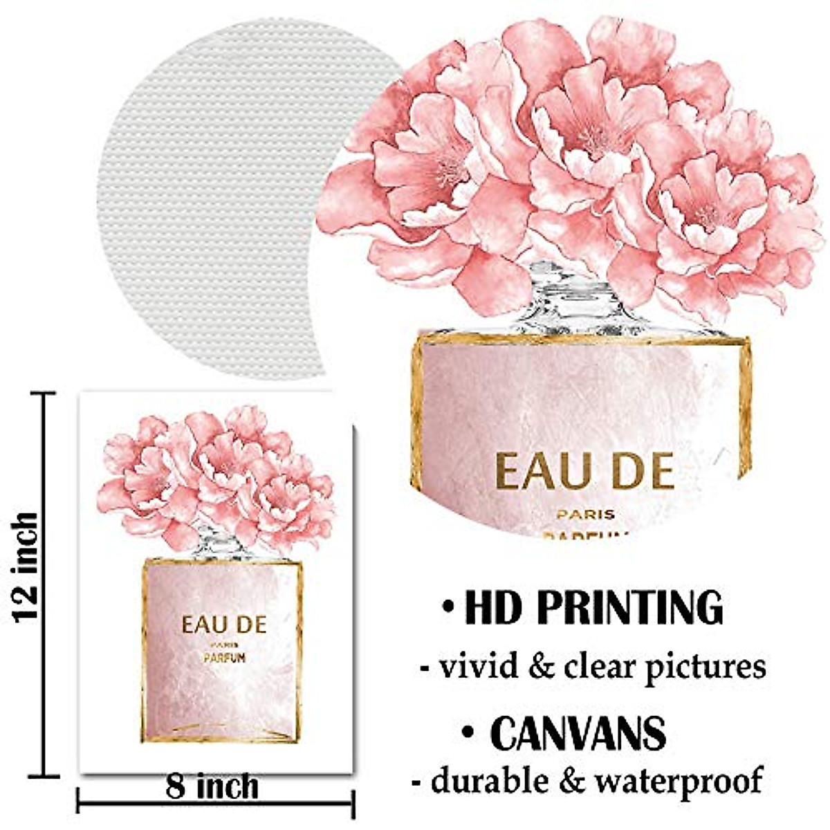 Lodintech Fashion Canvas Wall Art Girls Bedroom Wall Decor Pink Flower Perfume Unframed Art Prints Fashion Posters Living Room Women Office Decorations Red Lip Makeup Brush High Heels Painting (5pcs 8x12'')