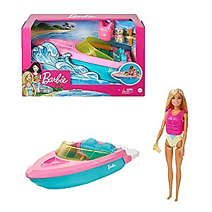 Barbie Doll and Boat Playset with Pet Puppy, Life Vest and Beverage Accessories, Fits 3 Dolls and Floats in Water