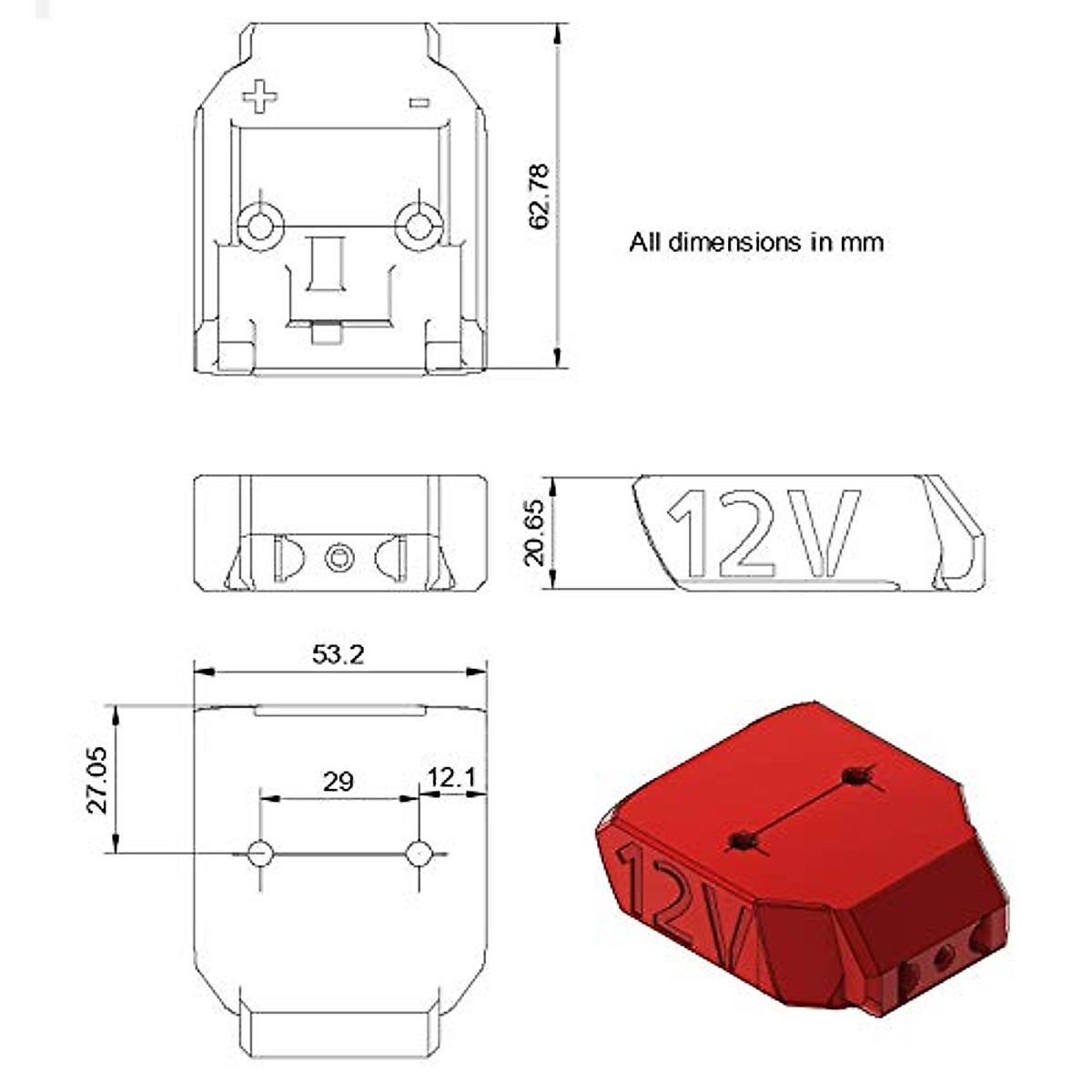 Adapter for DeWALT or Hercules 12v Max battery 12 gauge dock power connector