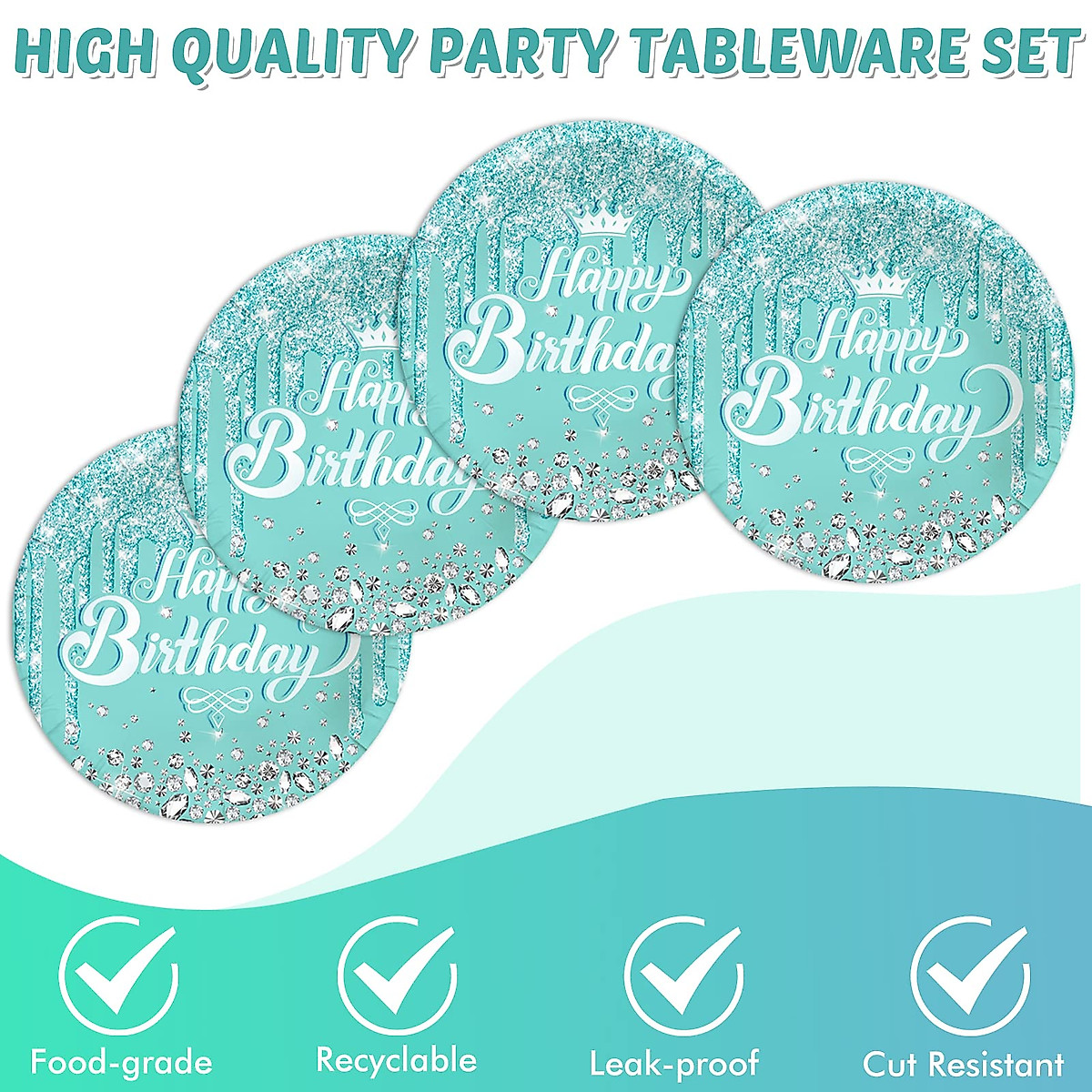 82PCS Teal Birthday Decorations Teal and Silver Tableware Set for Happy Birthday Party Decorations Breakfast Blue Theme Table Covers Plates Napkins for Girls Women Silver GlitterParty Supplies