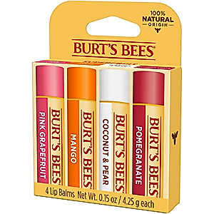 Burt's Bees Lip Balm Easter Basket Stuffers, Moisturizing Lip Care Spring Gift, for All Day Hydration, 100% Natural, SuperFruit - Pomegranate, Coconut & Pear, Mango, Pink Grapefruit (4 Pack)