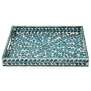 CLAYNIX Serving Tray 15.7" X11.8", Lacquer Mother of Pearl Inlay Mosaic Tray, Rectangle Wooden Marble Tray with Handles Trays for Tea, Breakfast in Bed, Table (Blue)