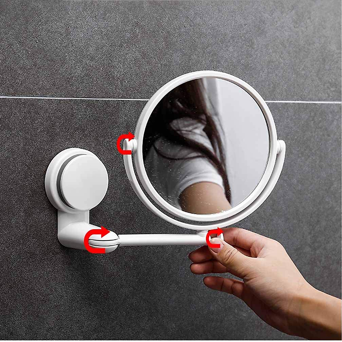 KARAOT Double-Sided Vanity Mirror, Bathroom Shaving Mirror, Wall Mounted Round Cosmetic Vanity, 2X Magnification, 360° Free Rotation and Extendable, Height Adjustable, Folding Arm, Ideal for Gifts