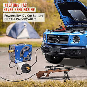 TOAUTO A3 PCP Air Compressor, Unique Vertical+Wire Spool Portable Design, Auto-Stop, Oil/Water-Free, 4500Psi/30Mpa, 8MM Quick-Connector for Paintball/PCP Air Rifle/Tank, 110V AC or 12V Car Battery